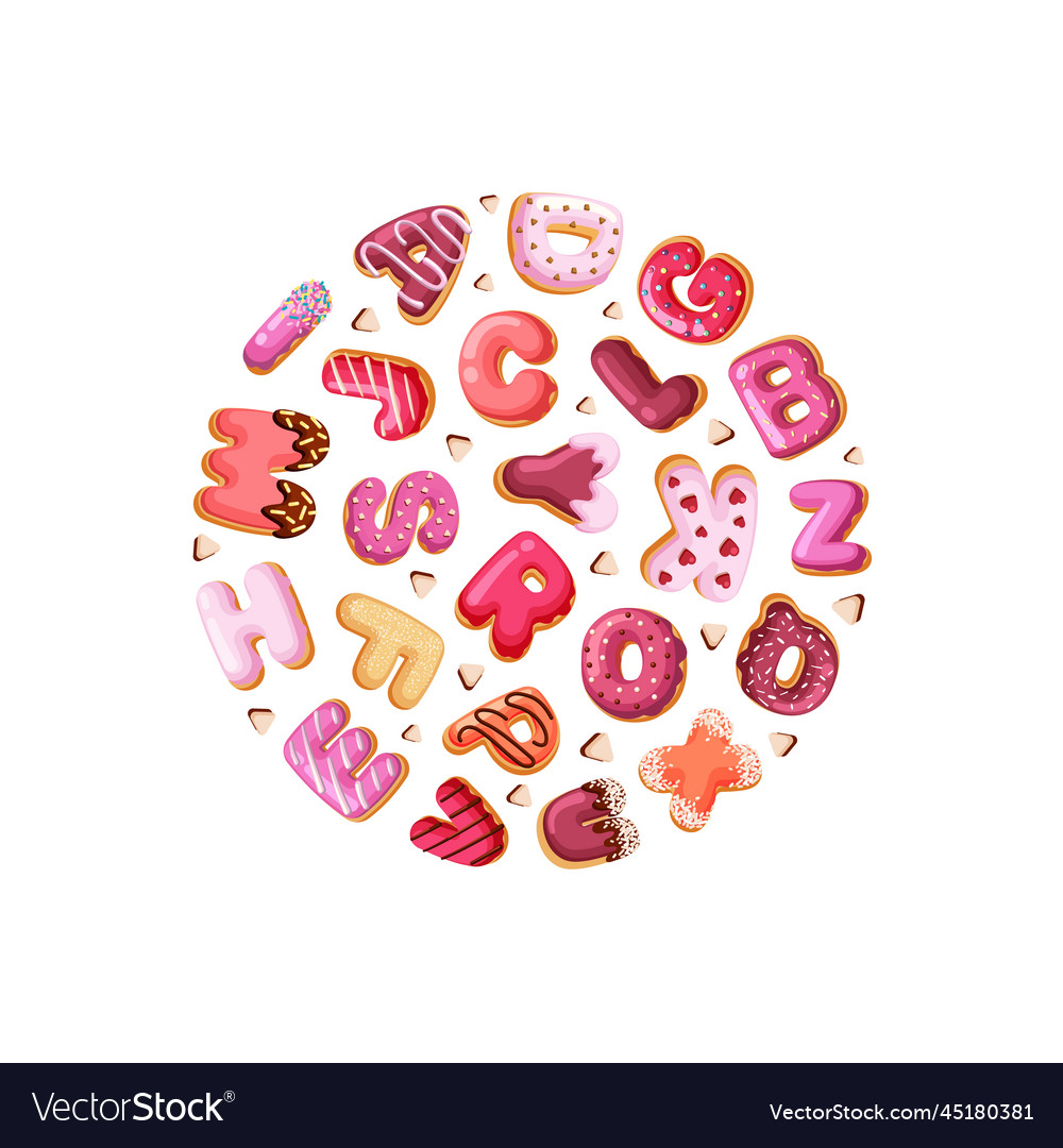 Bakery alphabet tasty delicious letters in circle Vector Image