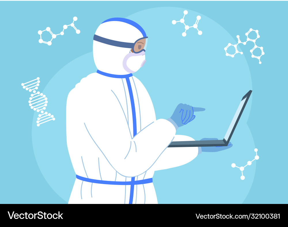 Scientist works laptop protective suit mask Vector Image