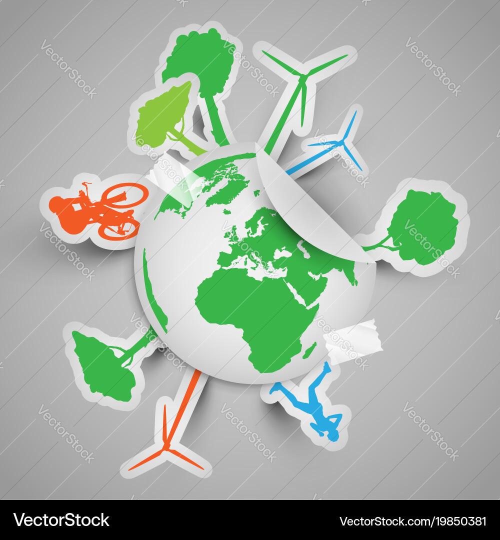 Sticker world with eco signs Royalty Free Vector Image