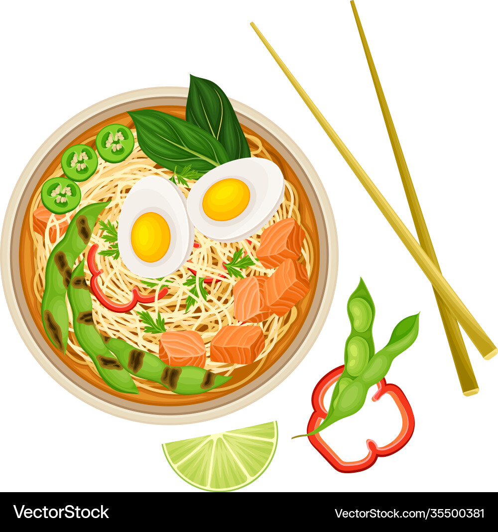 Thick broth with seafood boiled egg and noodles Vector Image