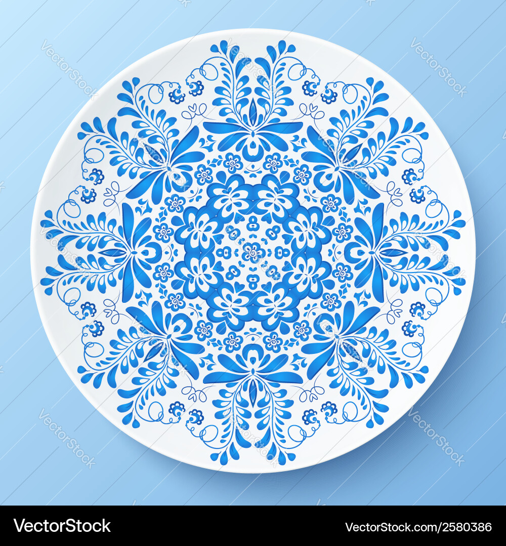 Blue plate with floral ornament Royalty Free Vector Image