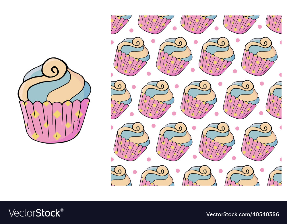 Cupcake muffin set of element and seamless pattern