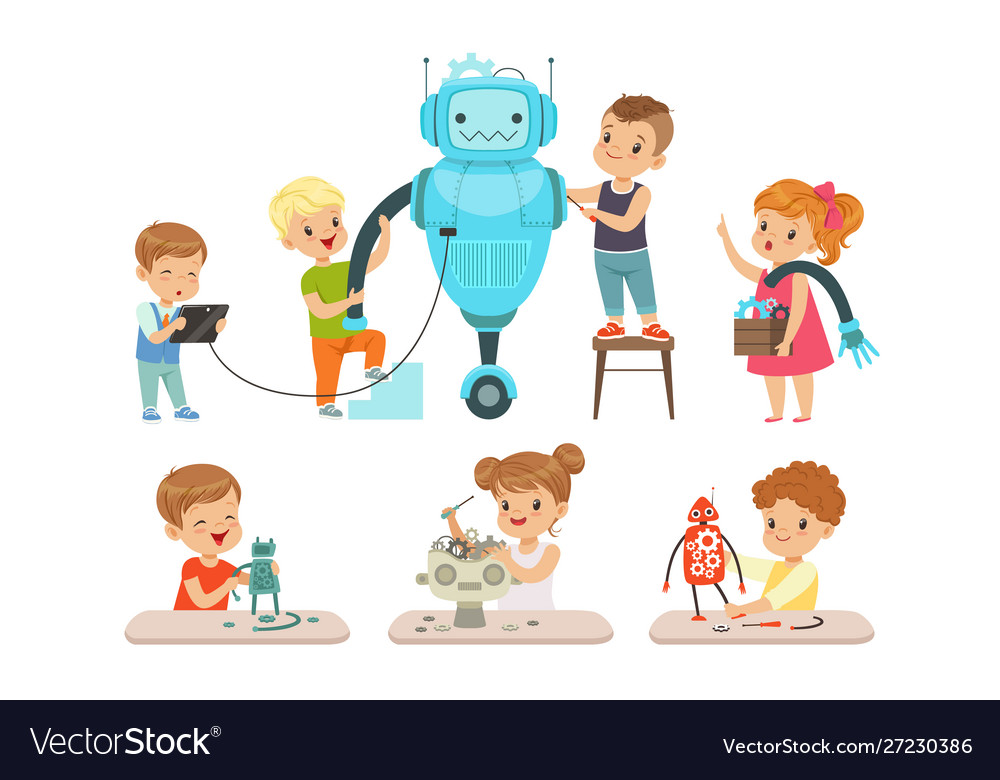 Cute little kids programming and creating smart Vector Image