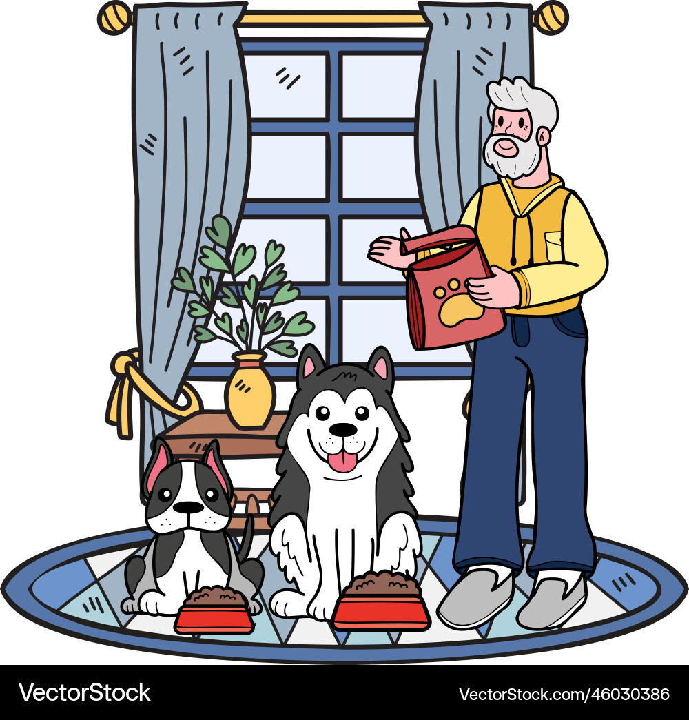 Hand drawn elderly feed the dog in doodle style Vector Image