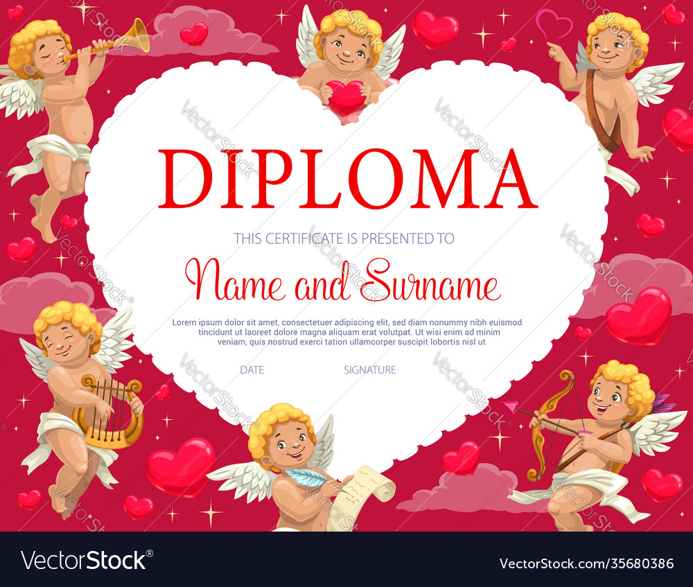 Valentines day certificate diploma with cupids Vector Image