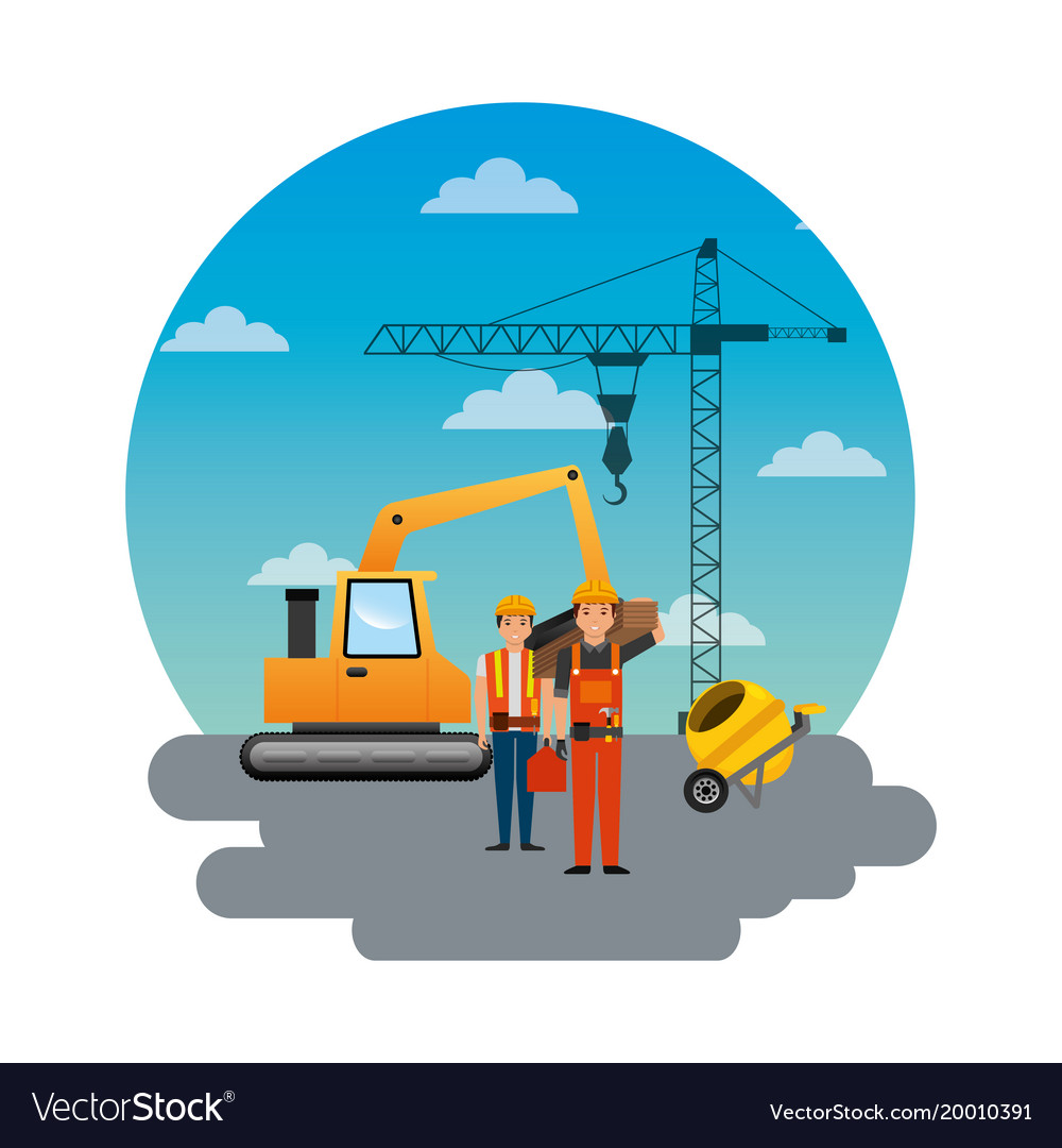 Construction workers loading machine mixer Vector Image
