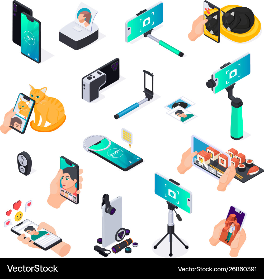 Photo video isometric icons set Royalty Free Vector Image