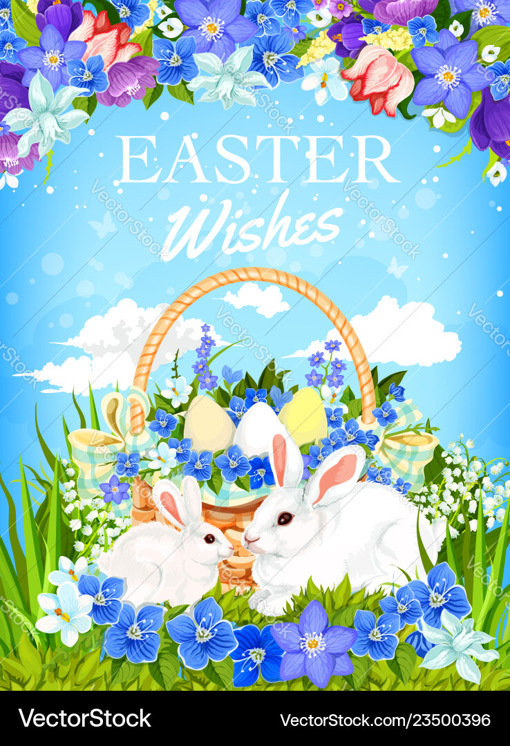 Easter bunnies with egg basket and spring flowers Vector Image