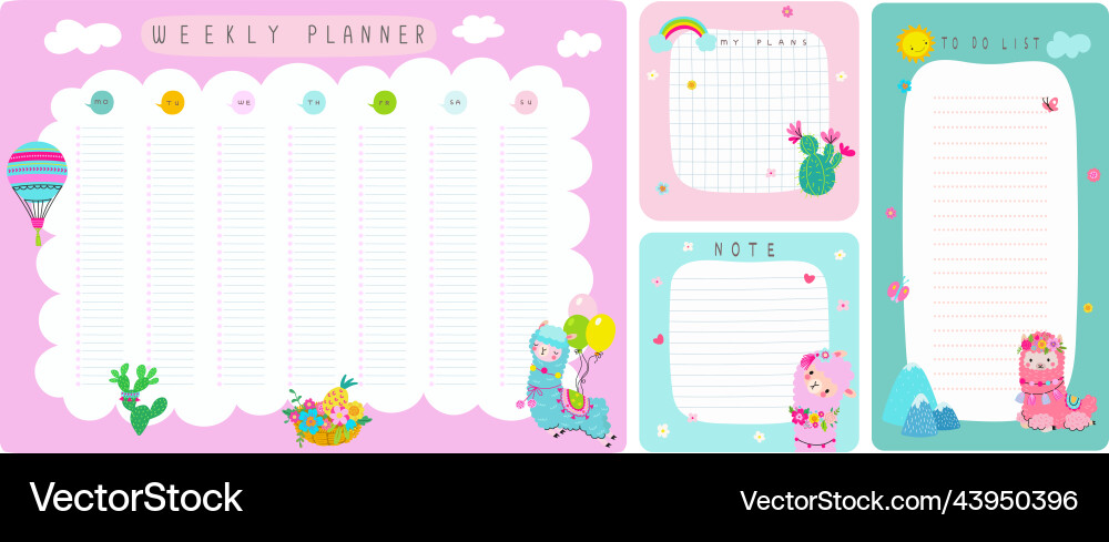 Llama weekly planners kids daily timetables Vector Image