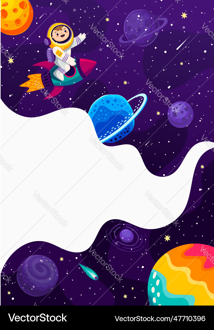 Space poster cartoon astronaut on rocket in galaxy