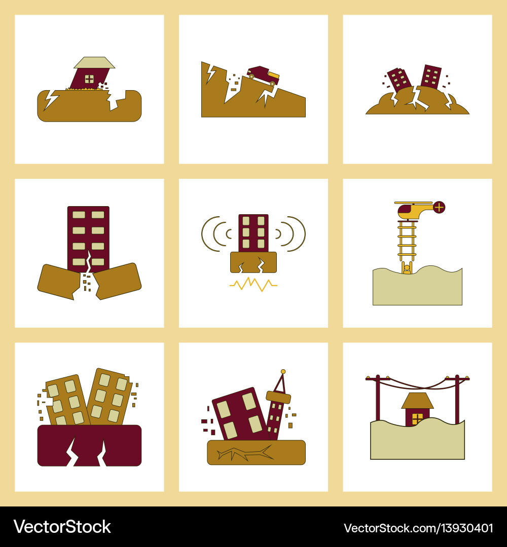 Assembly flat icons disaster earthquake and flood Vector Image