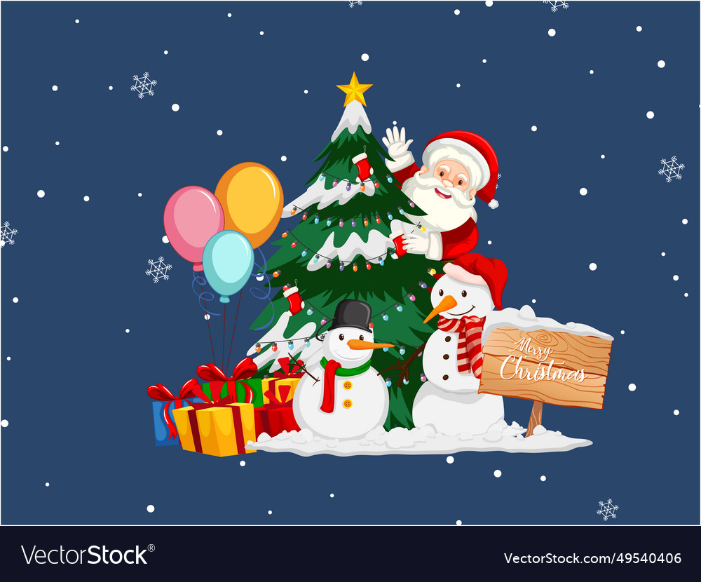 Santa claus with christmas tree and snowman Vector Image