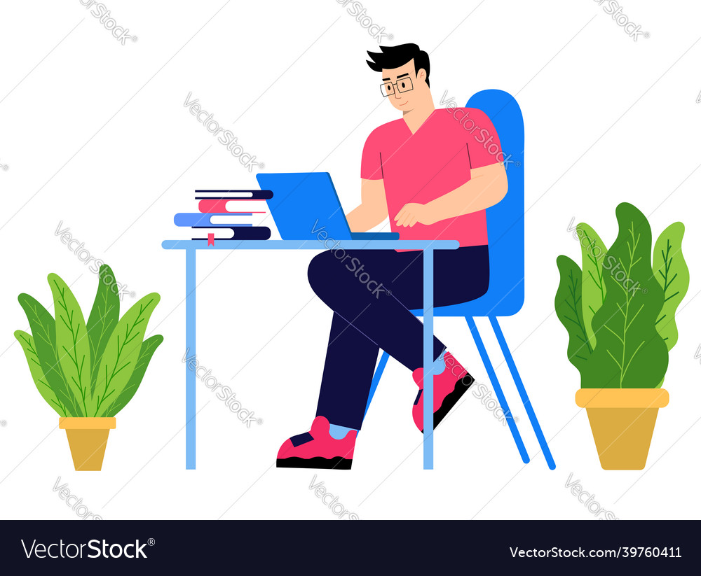Man sitting table with laptop Royalty Free Vector Image