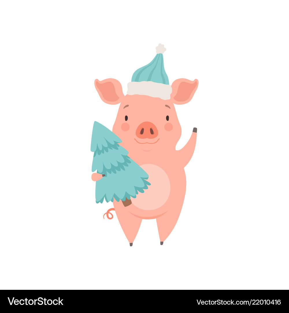 Cute little pig wearing santa hat standing Vector Image