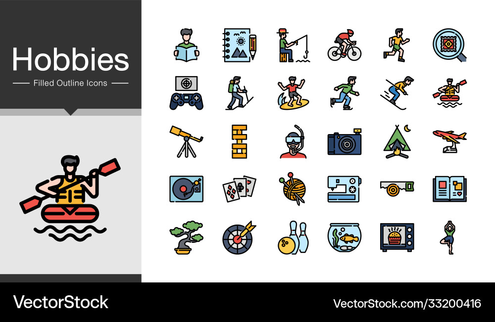 Hobbies icons filled outline design icon set Vector Image