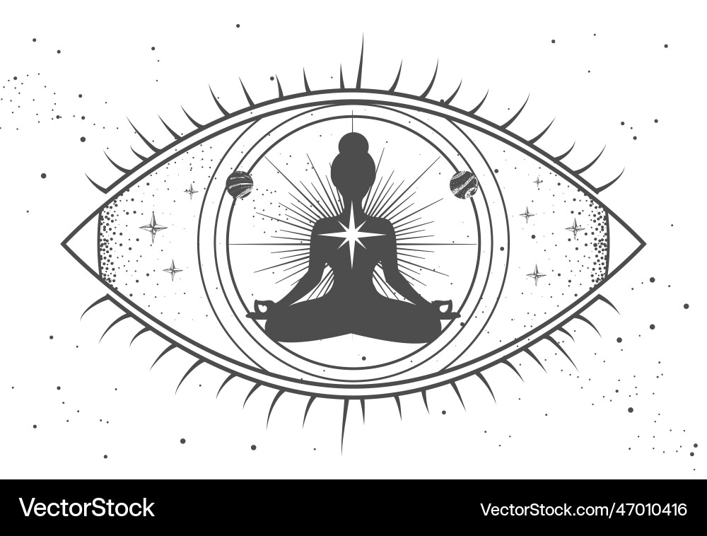 Meditating woman silhouette inside the third eye Vector Image