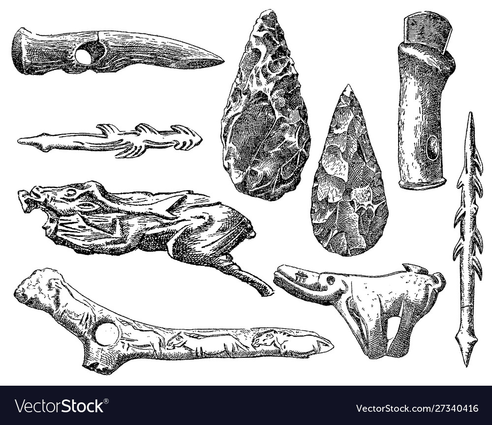 Vintage engraving set prehistoric stone Royalty Free Vector