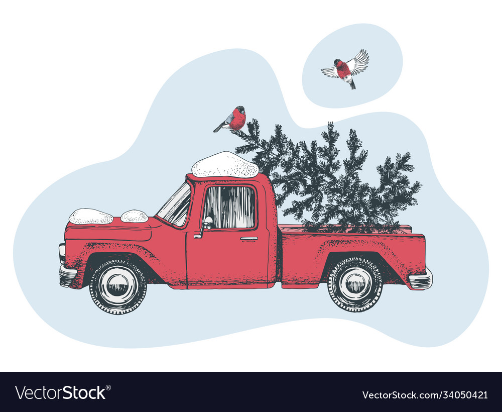 Hand drawn card with red truck and christmas tree Vector Image