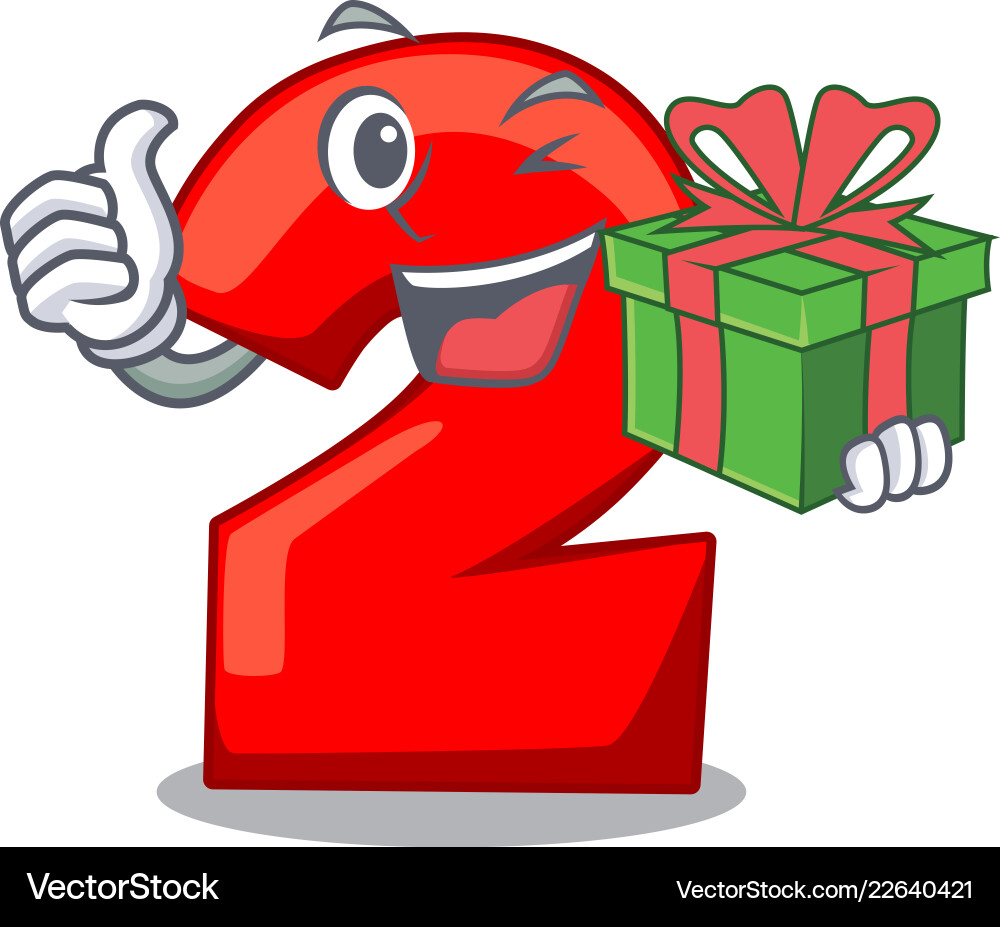 With gift cartoon cake birthday candle number two Vector Image