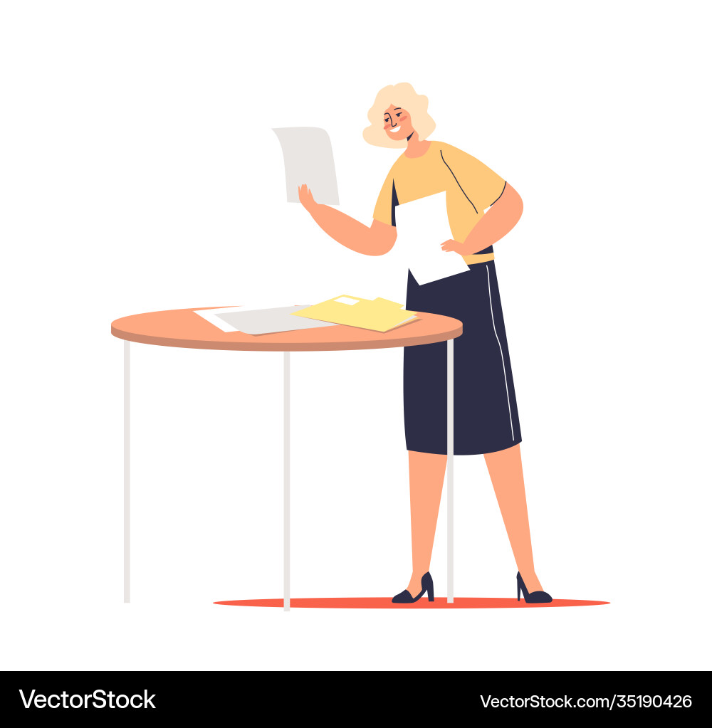 Cartoon businesswoman reading documents Royalty Free Vector