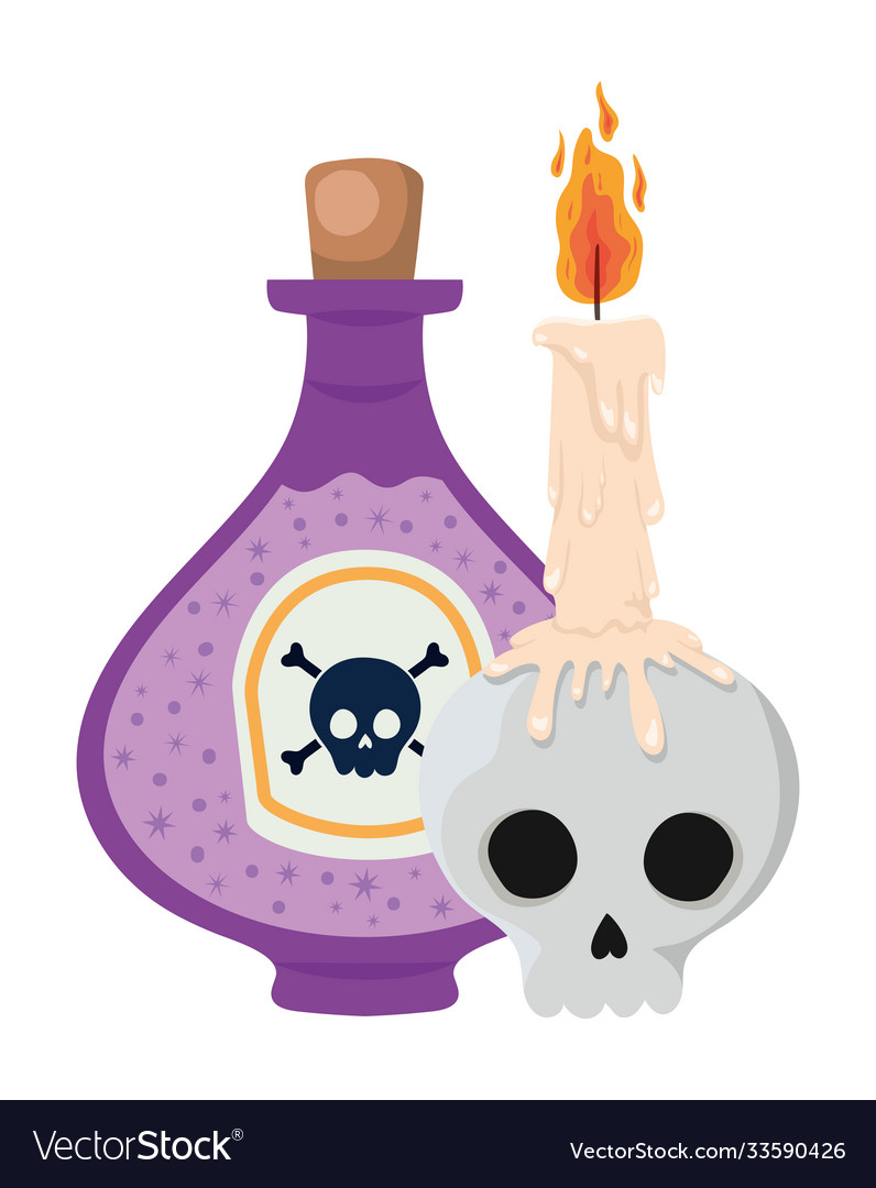 Halloween skull with candle and poison Royalty Free Vector