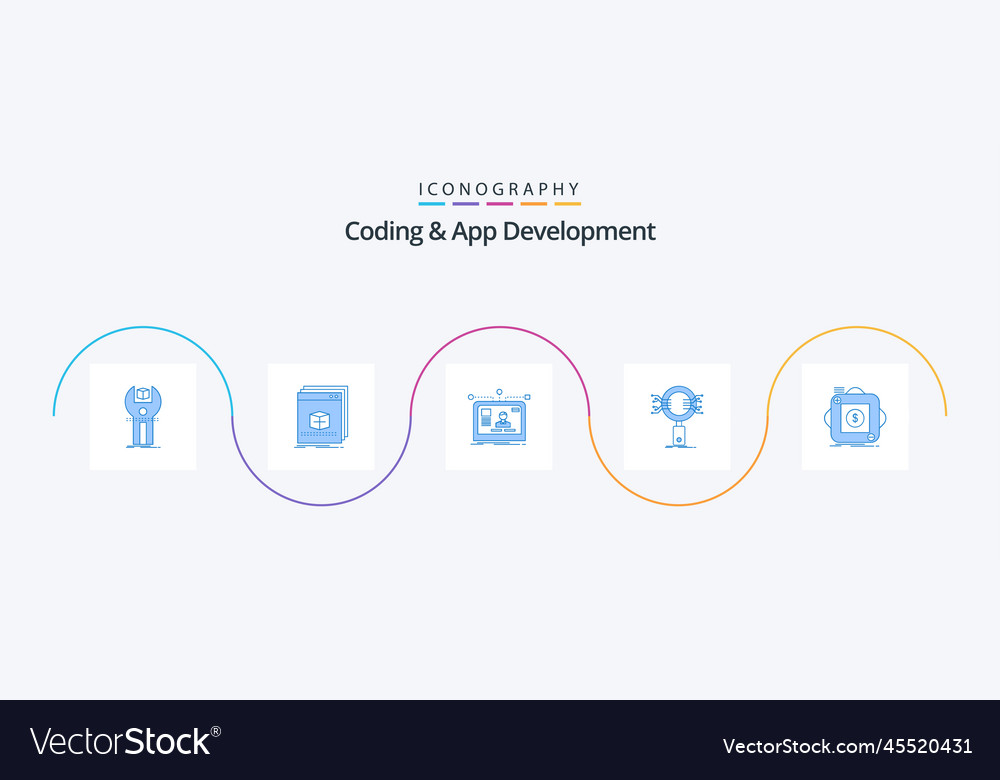 Coding and app development blue 5 icon pack Vector Image