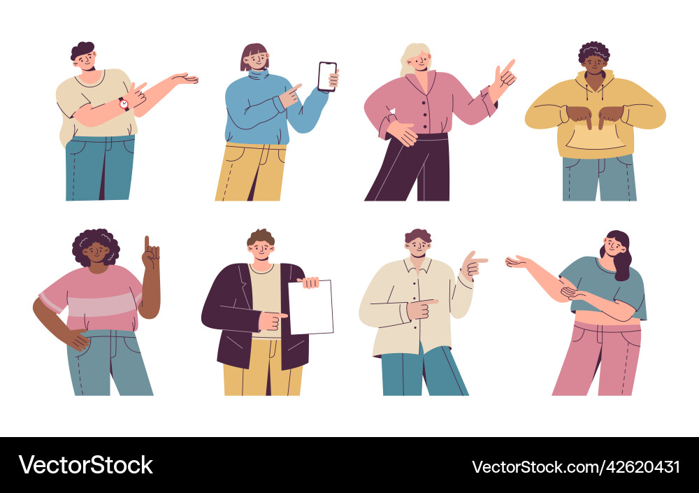 Happy pointing persons friendly smile people Vector Image