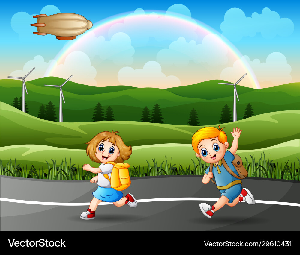 Students is running to school together Royalty Free Vector