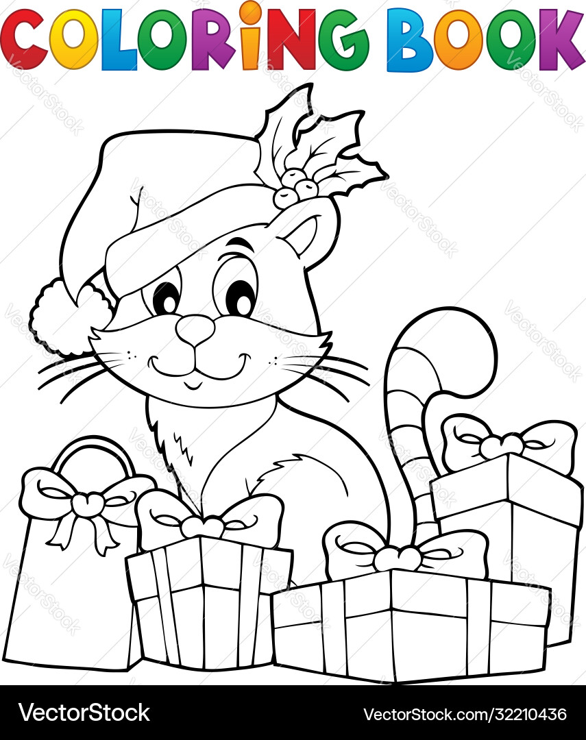 Coloring book christmas cat theme 3 Royalty Free Vector