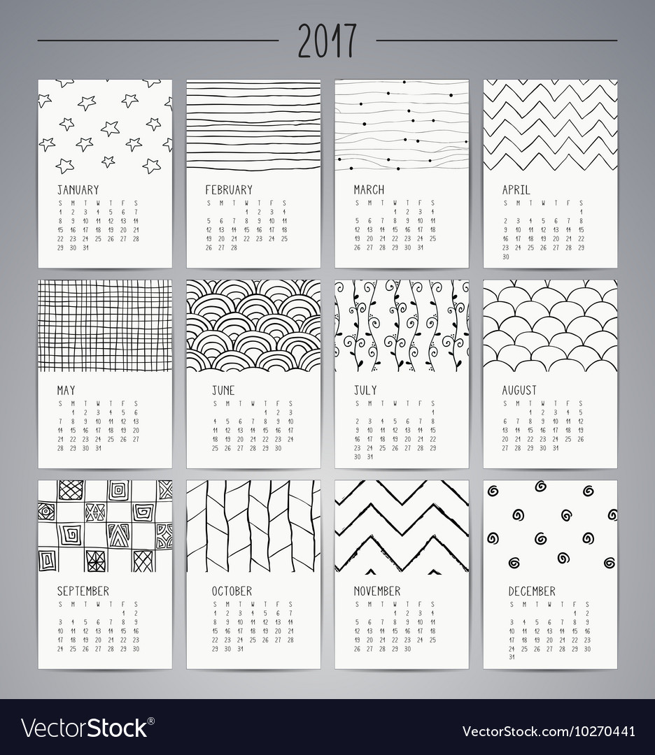 Calendar 2017 templates with hand drawn patterns Vector Image