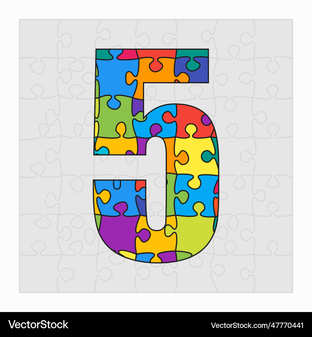 Colorful puzzle number - 5 jigsaw figure five Vector Image