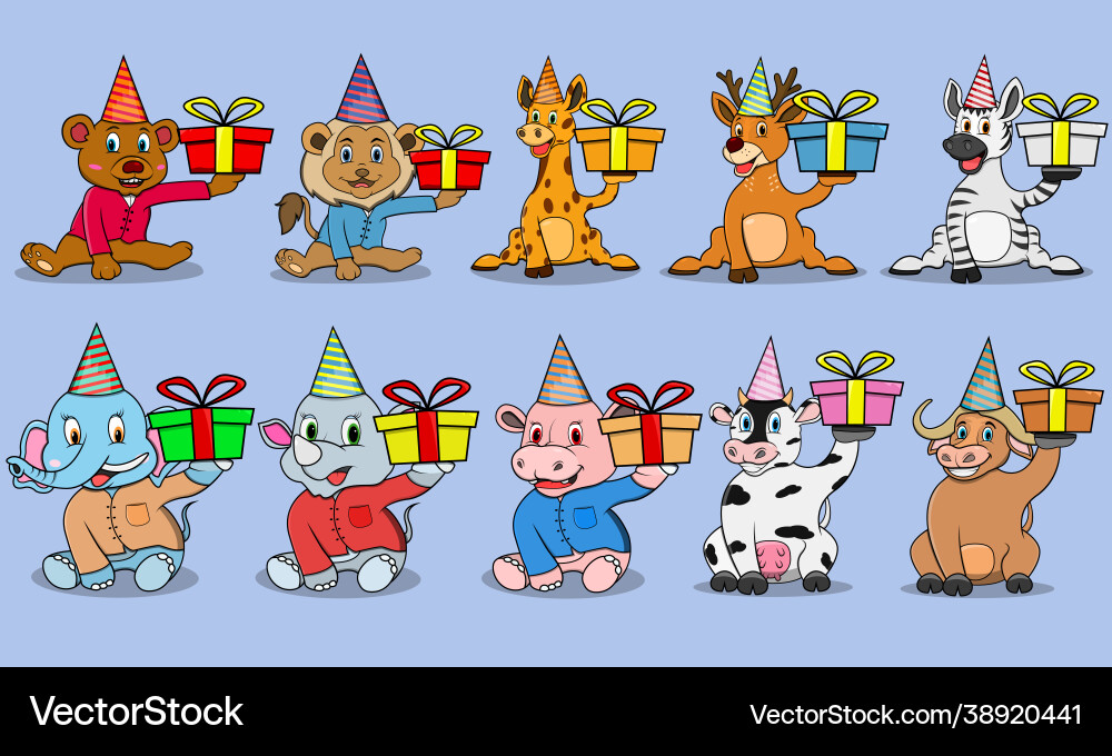 Ten animals character with bring gift for party Vector Image