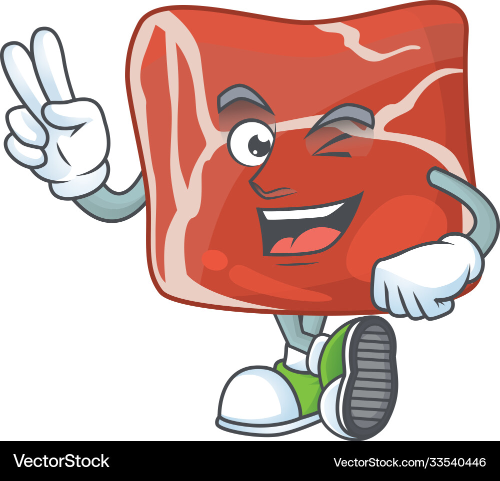 A joyful beef mascot design showing his two finger