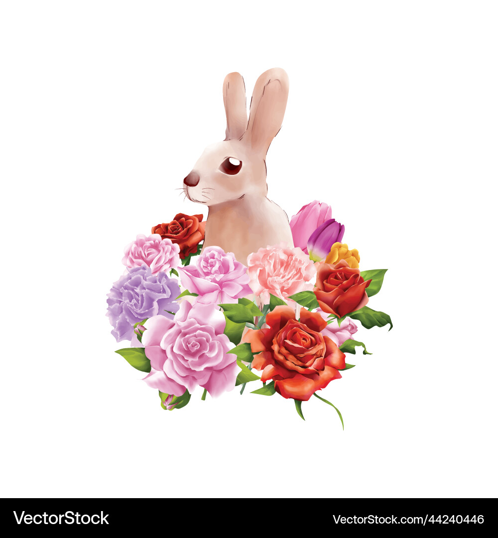 A rabbit on the flowers bush white background Vector Image