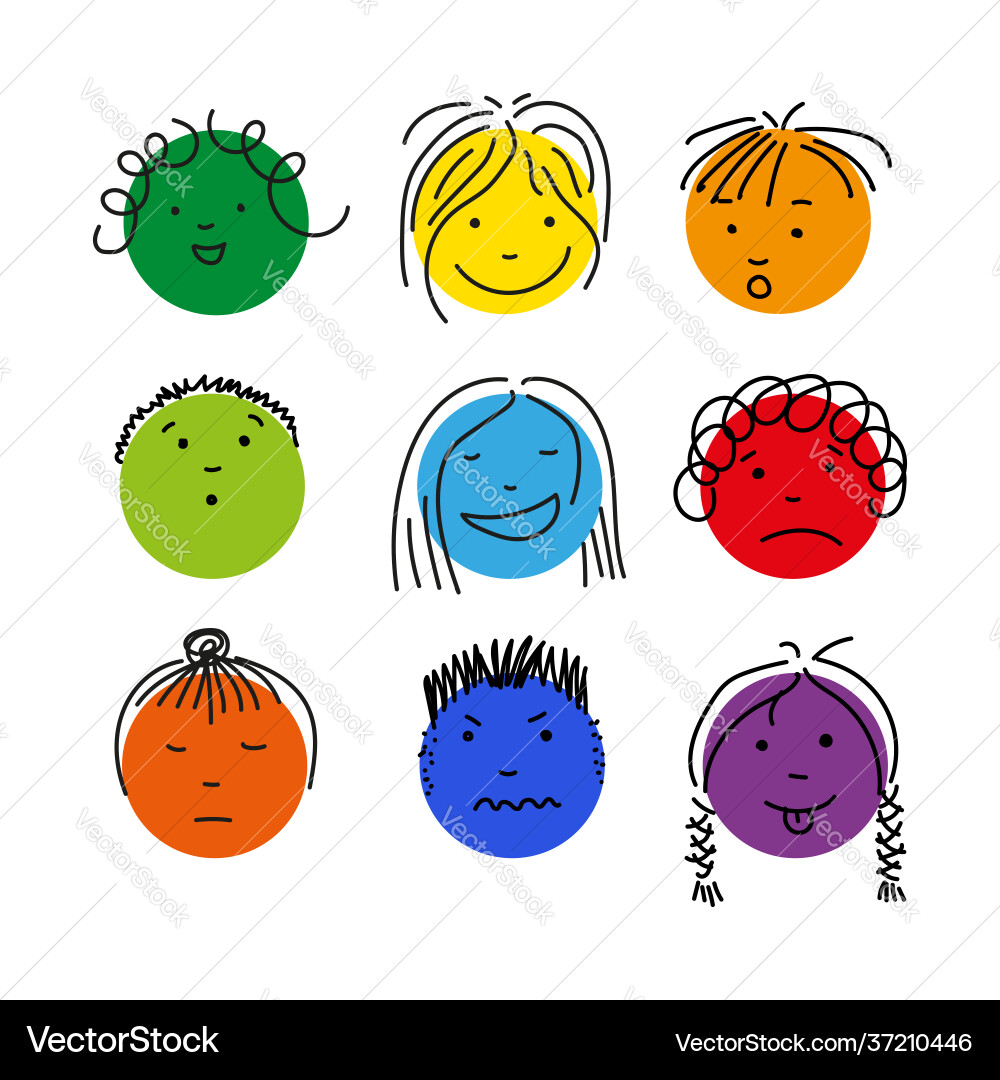Colorful cartoon doodle face set isolated Vector Image
