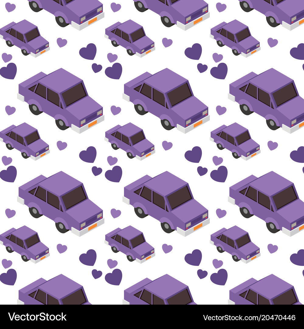 Isometrics cars and hearts pattern background Vector Image