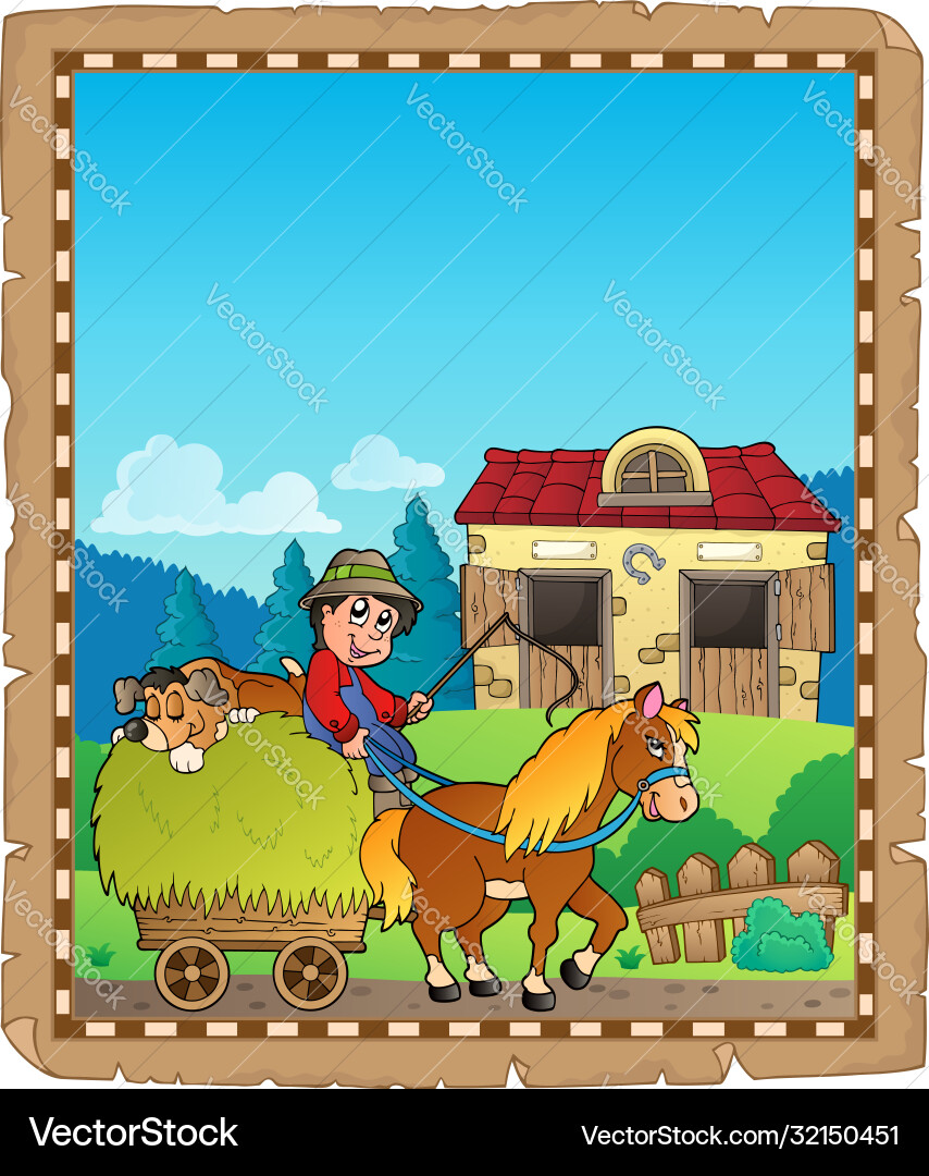 Parchment with farmer riding cart Royalty Free Vector Image