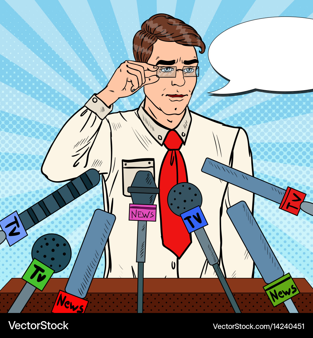 Pop art man giving press conference Royalty Free Vector