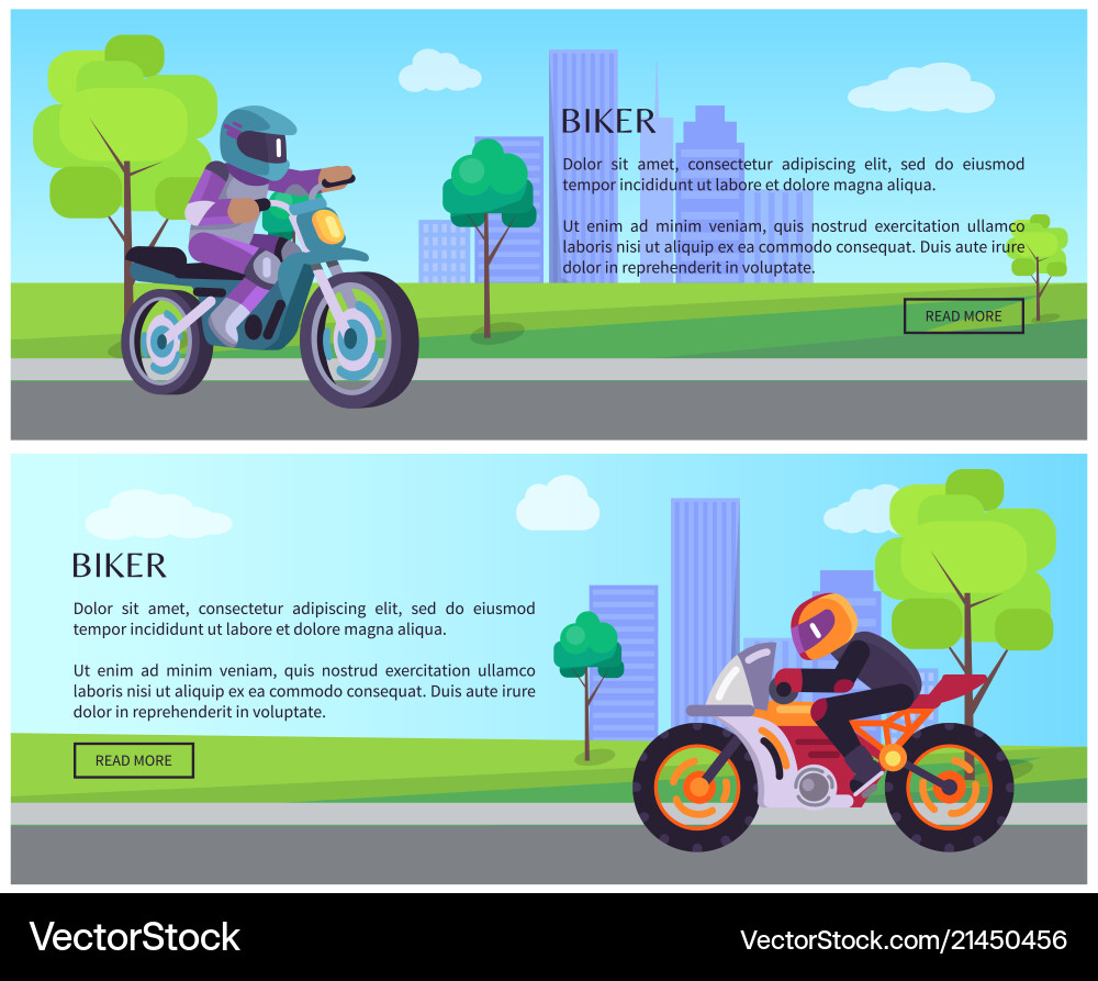 Biker man on scooter drives to work banners set Vector Image