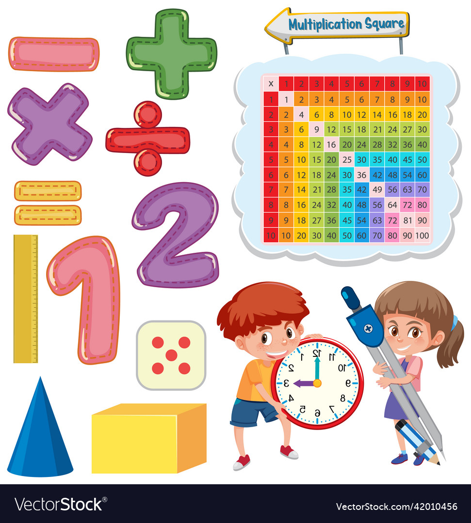 Math classroom objects with supplies and students Vector Image