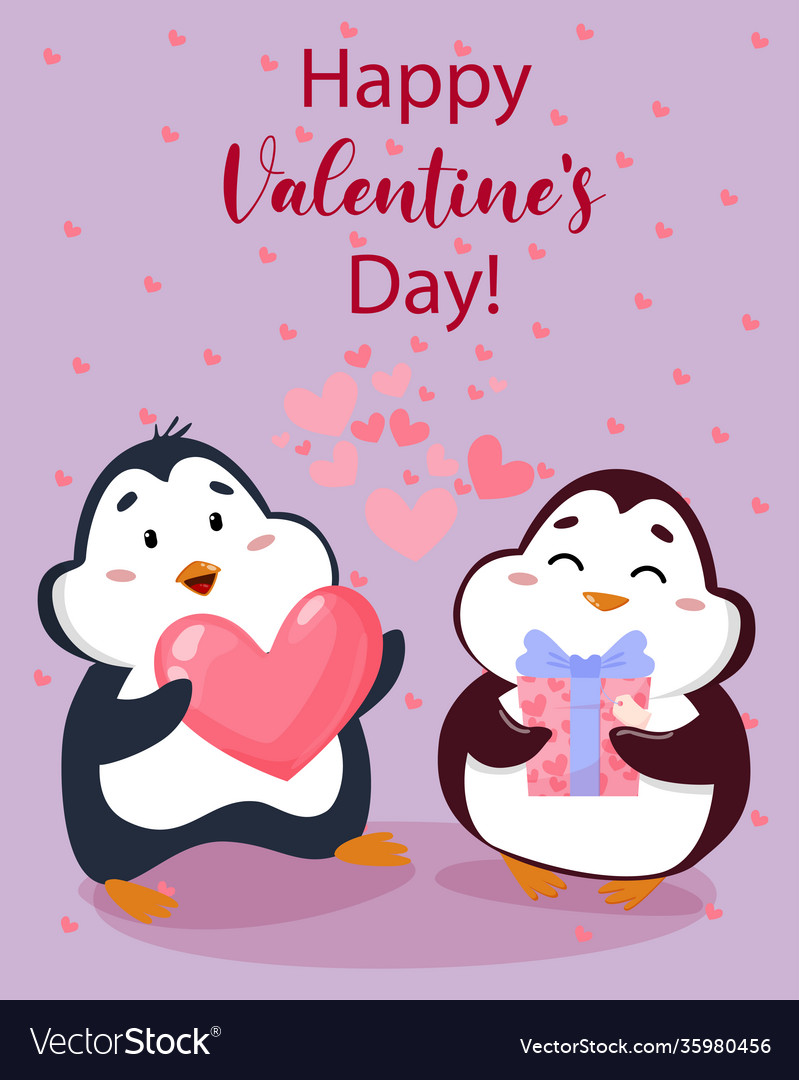 Valentines day greeting card cute penguin Vector Image