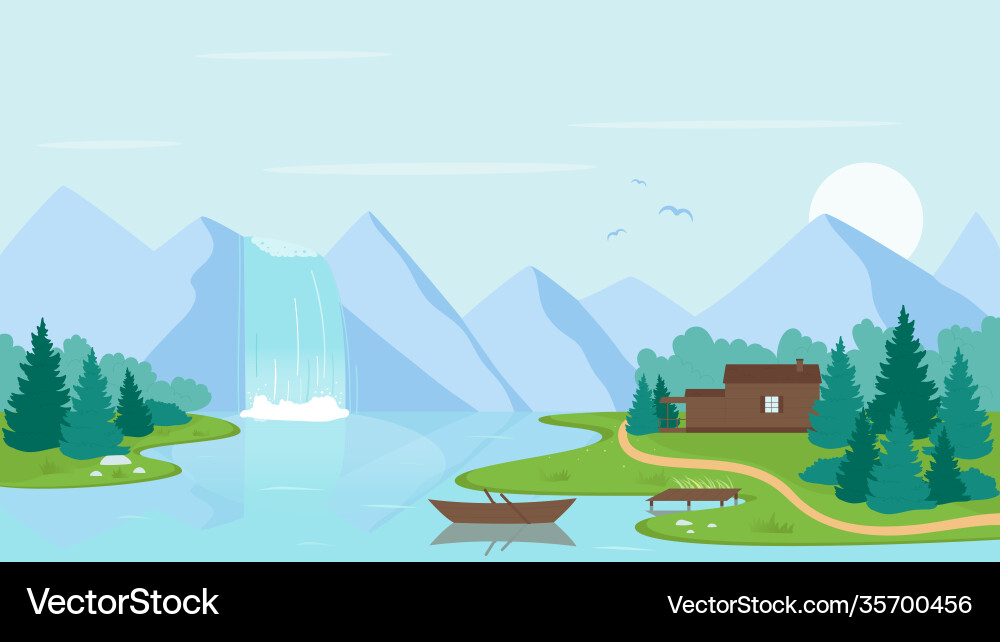 Waterfall river landscape cartoon wild land Vector Image