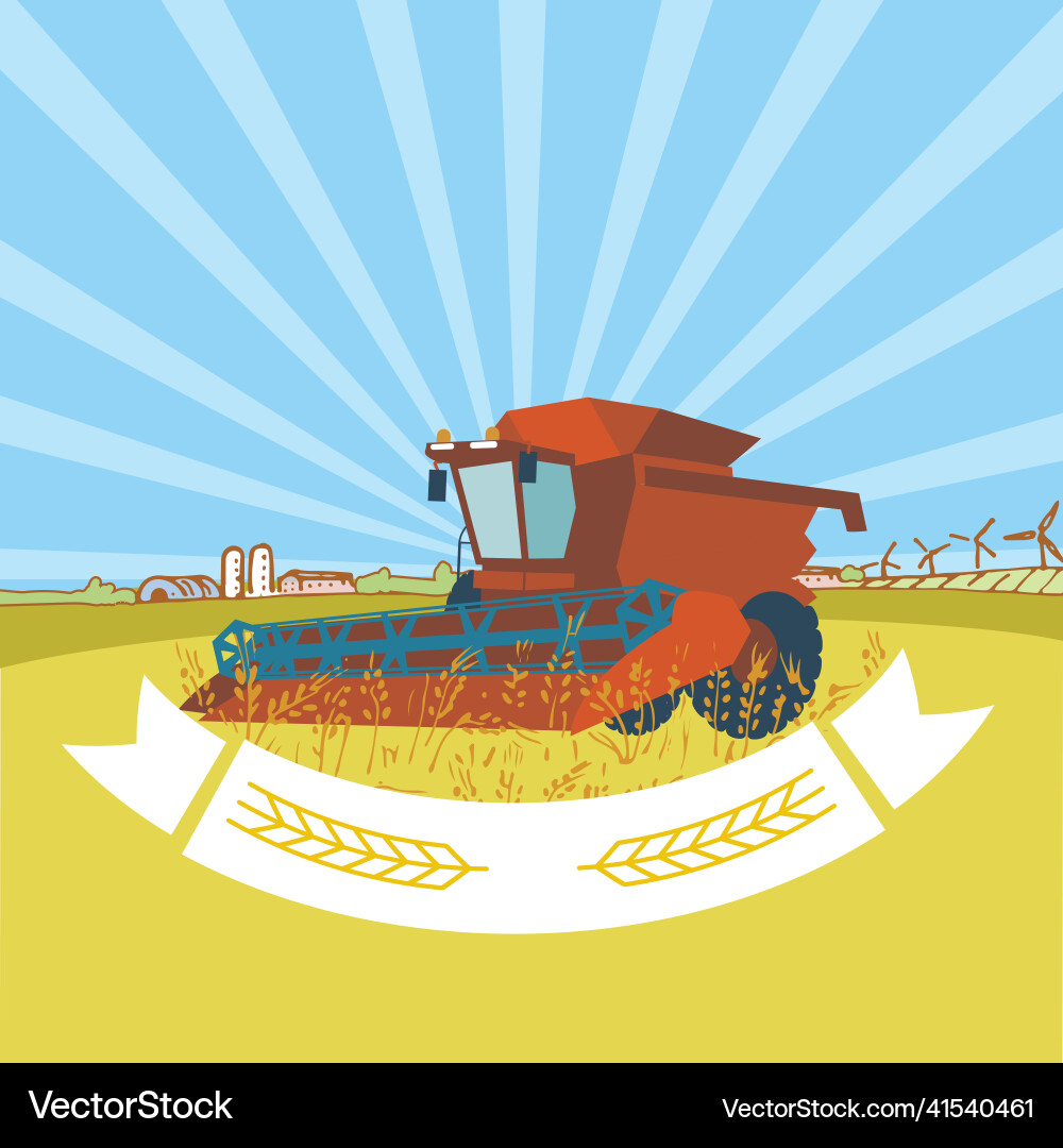 Combine harvester in a field with wheat Royalty Free Vector