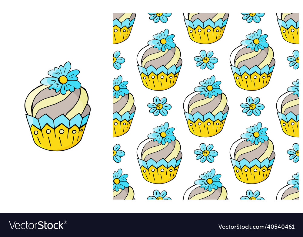 Cupcake muffin set of element and seamless pattern