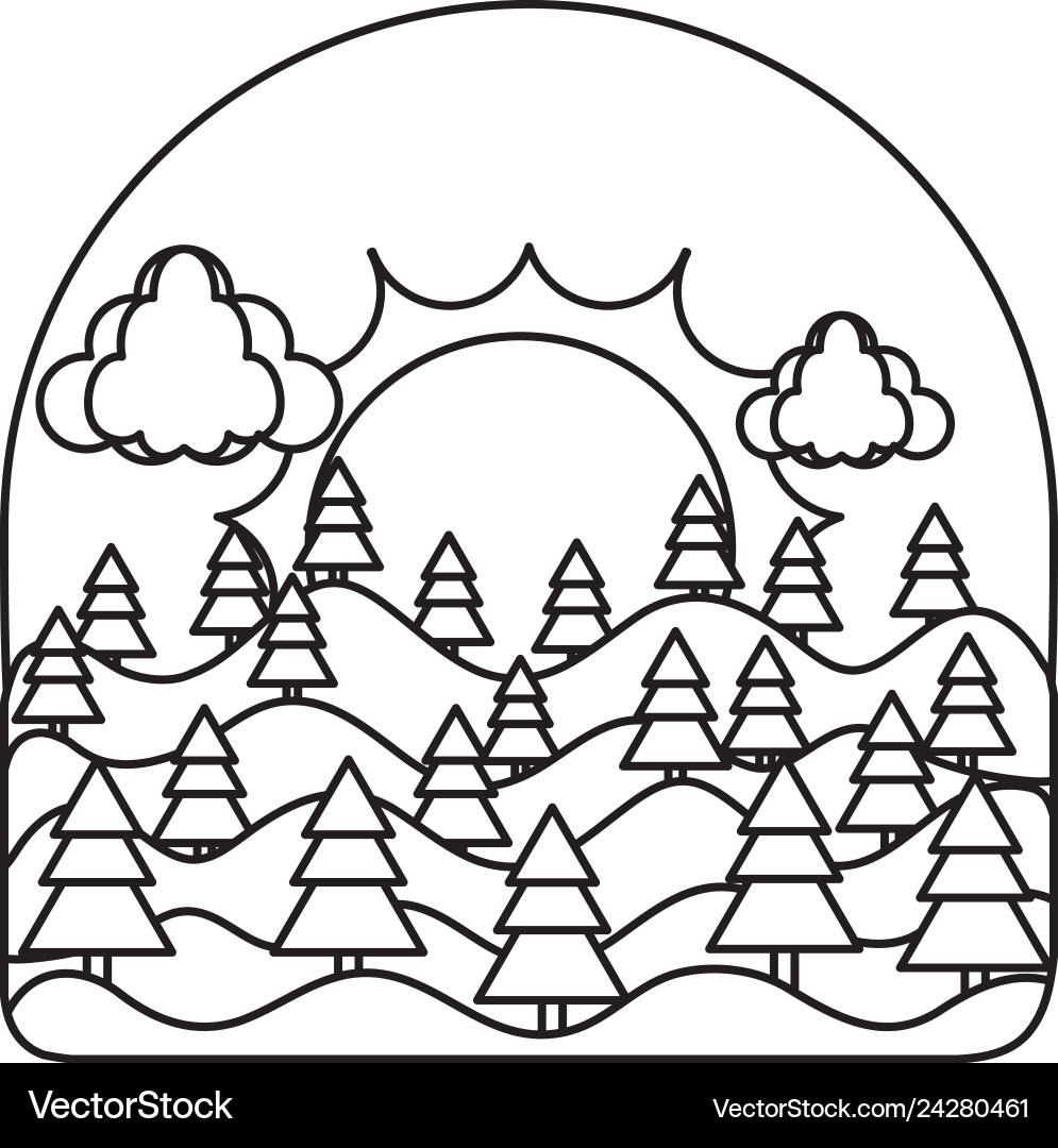Line sun with pines trees and mountains landscape Vector Image