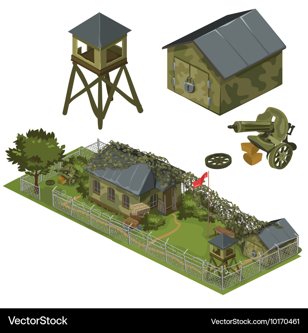 Military garrison garage tower and machine gun Vector Image