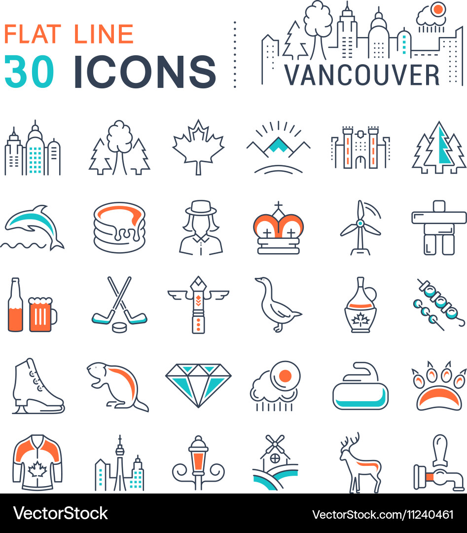 Set flat line icons vancouver and canada Vector Image