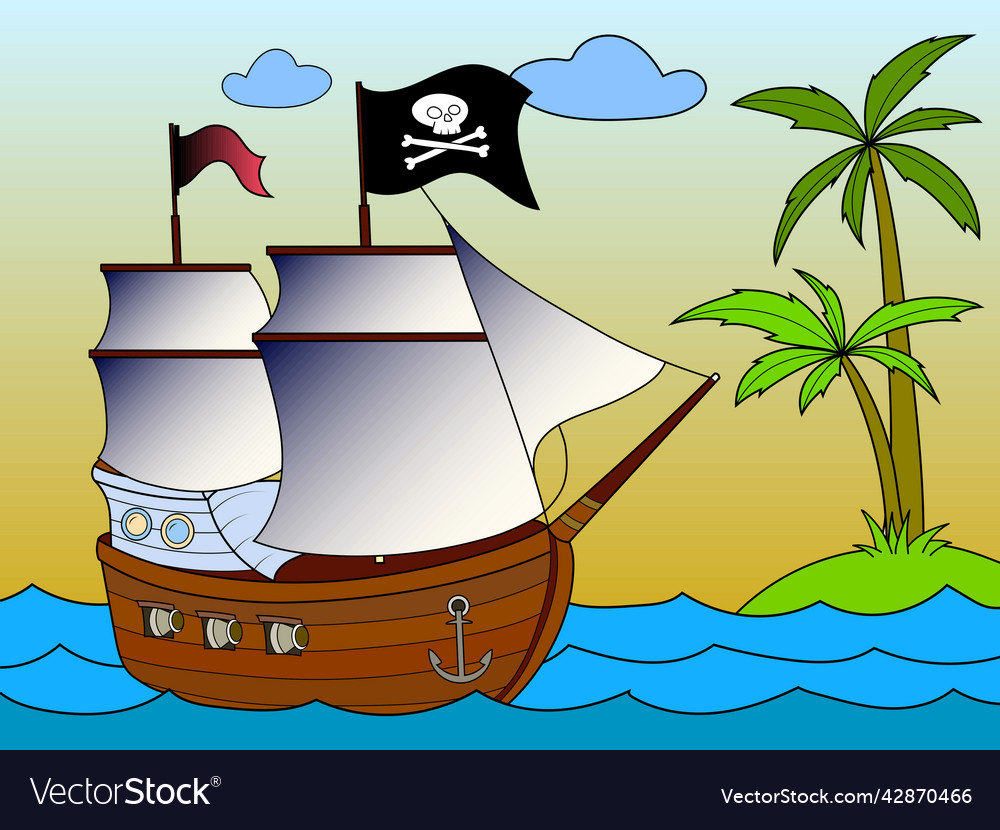 Pirate ship at sea desert island image in zen Vector Image