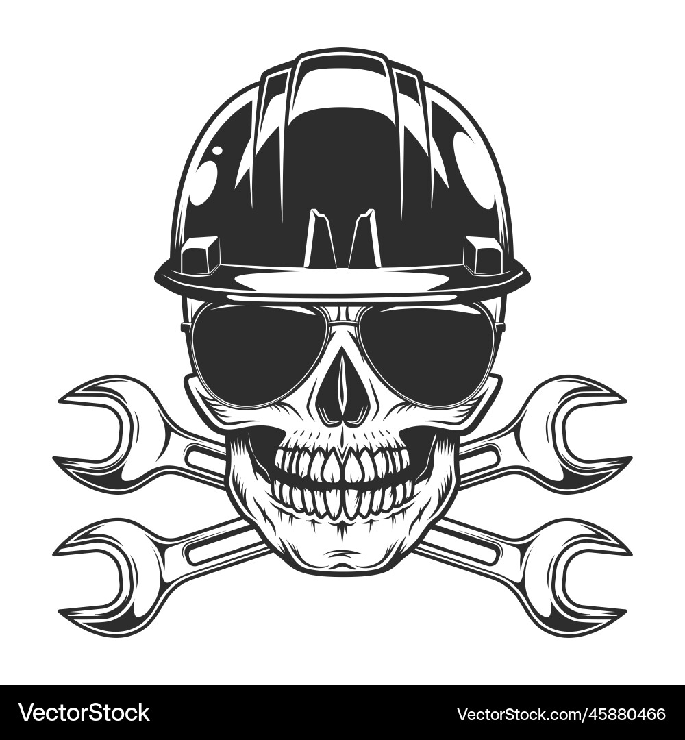 Skull in sunglasses with hard hat and spanner Vector Image