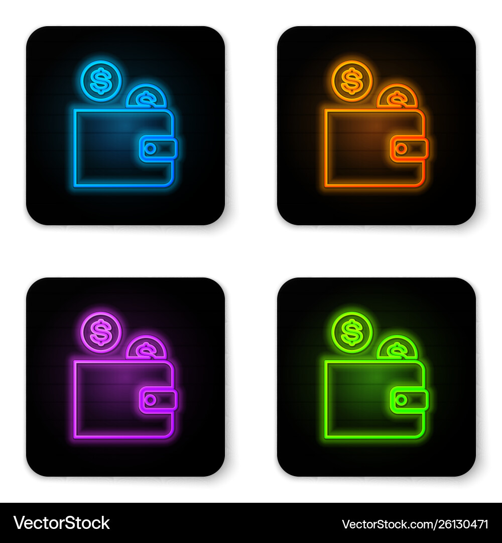 Glowing neon wallet with coin icon isolated Vector Image